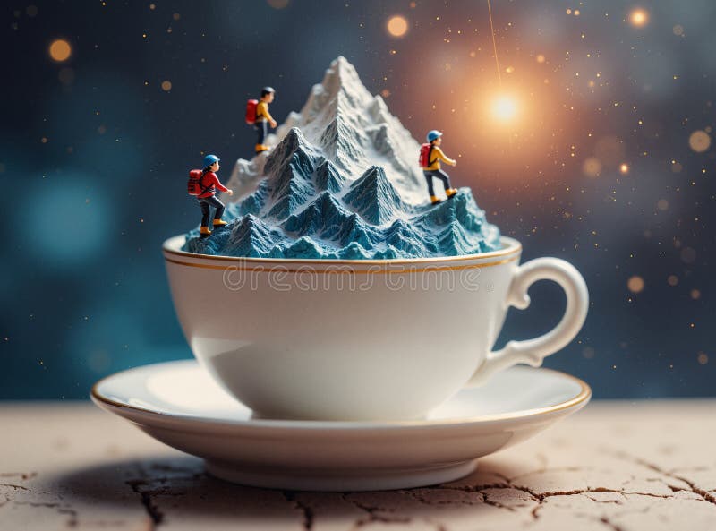 Tiny Climbers Ascend a Detailed Mountain Emerging from a Porcelain ...