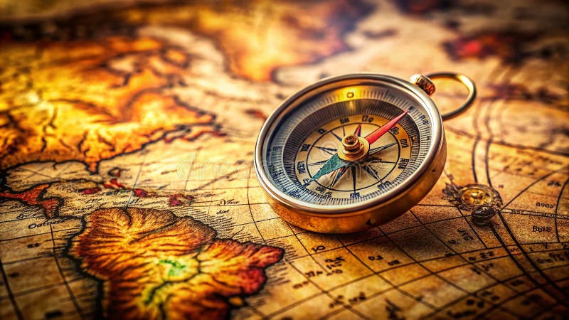 Tiny Compass Points the Way on a Vintage Map a TiltShift Perspective of ...