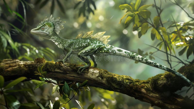 A Tiny Compsognathus Perched on a Tree Branch Its Camouflaged Green ...