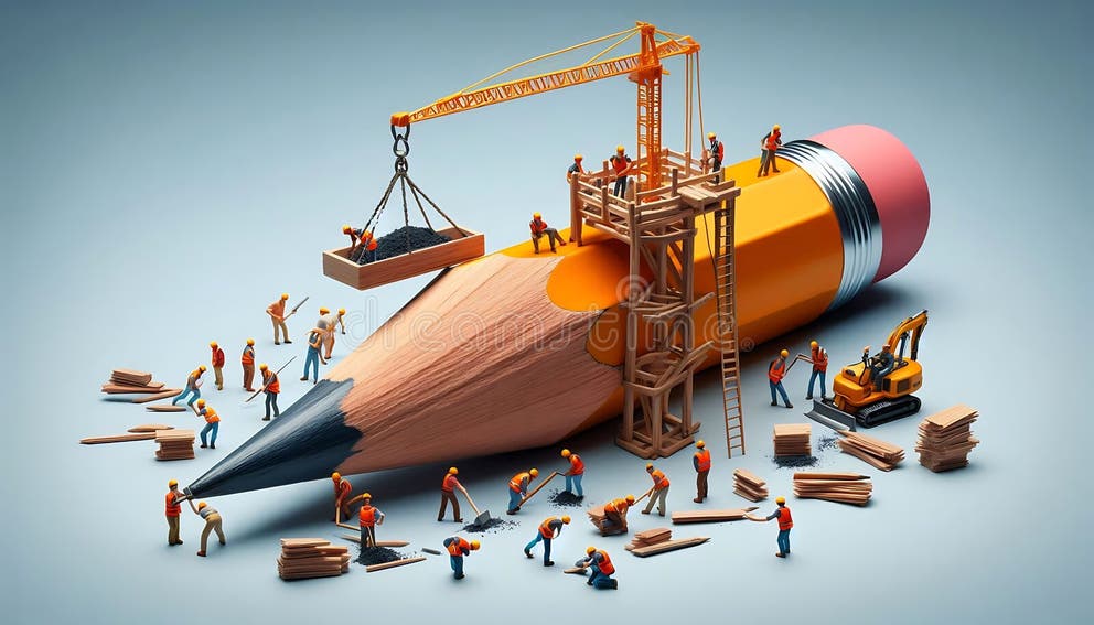 Tiny Construction Crew Builds a Giant Pencil Stock Illustration ...