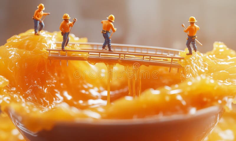 Tiny Construction Workers Building a Bridge Over a Giant Bowl of Soup ...