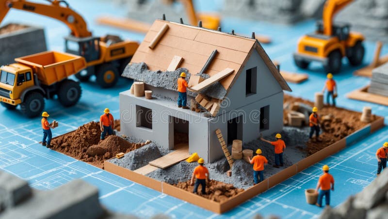 Tiny Construction Workers Building a Gray House on a Blue Grid Stock ...