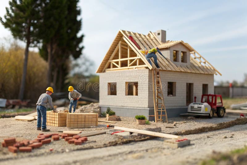 Tiny Construction Workers Building a House Stock Illustration ...