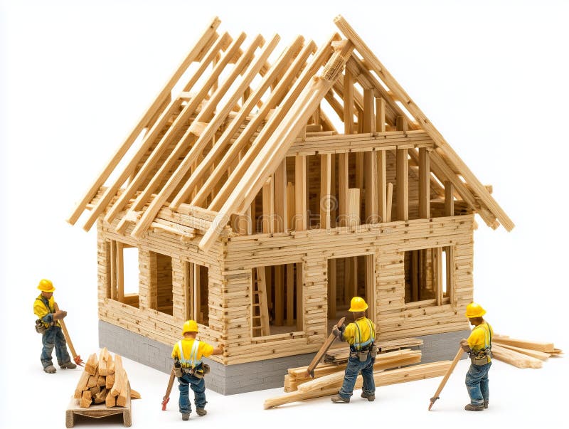 Tiny Construction Workers Building House with Wooden Materials ...
