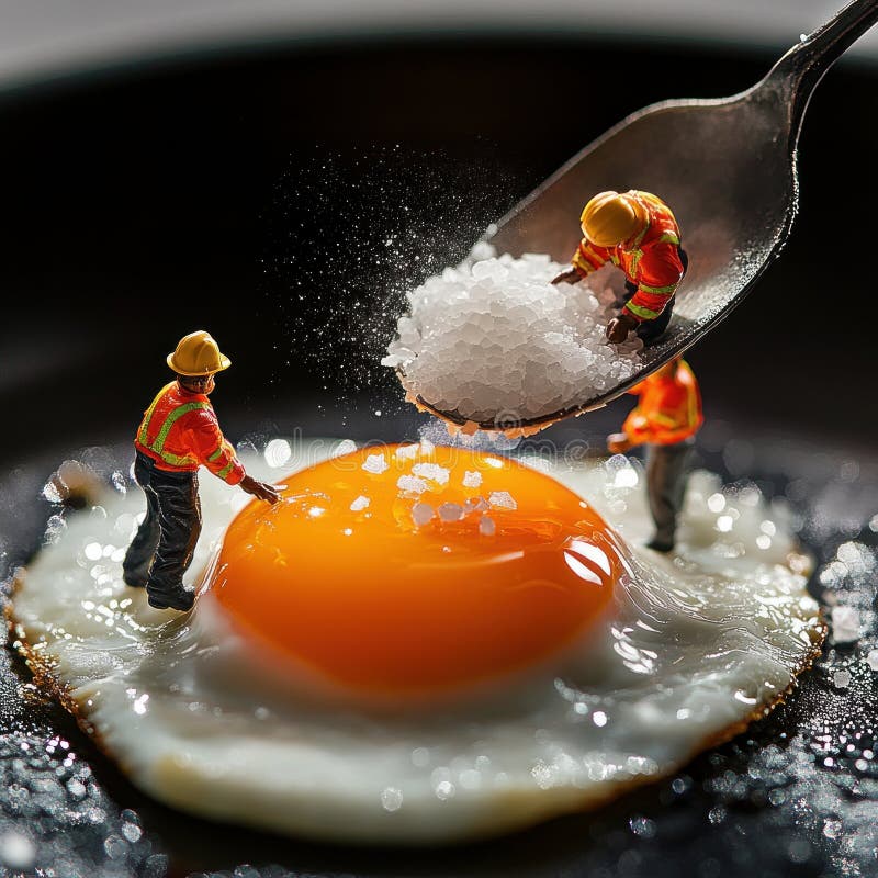 Tiny Construction Workers Cook Hyperrealistic Fried Egg Miniature Scene ...