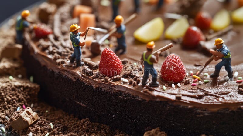 Tiny Construction Workers Decorate Giant Chocolate Cake in Macro Shot Stock Illustration ...
