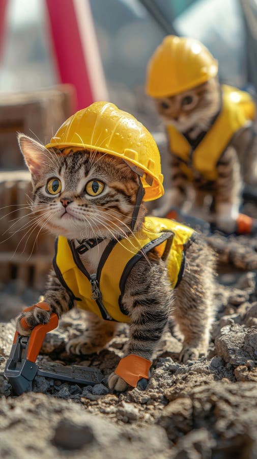 Tiny Construction Workers in Hard Hats and Vests Playfully Build a ...