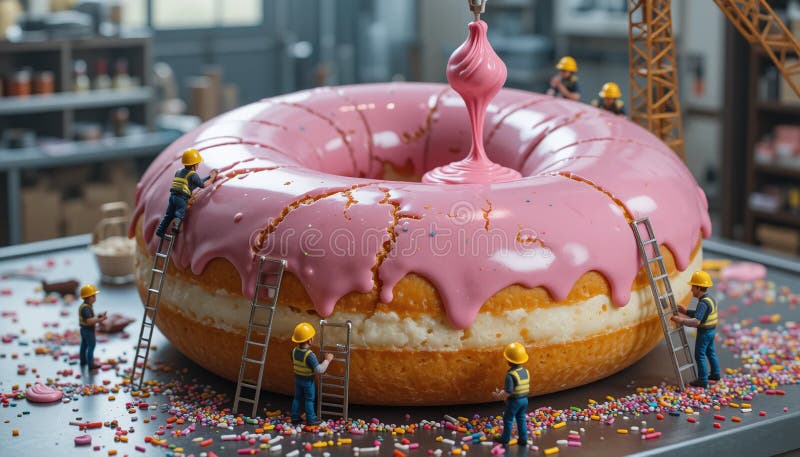 Miniature Construction Workers Decorating a Giant Donut: a Whimsical ...