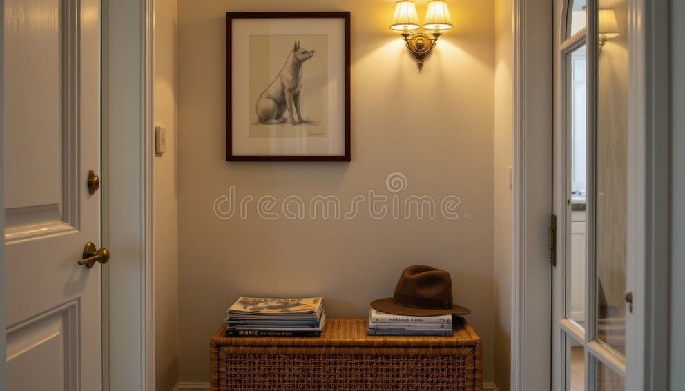 A Tiny Corner of the Hallway Where a Rattan Bench Holds a Stack of Magazines and a Woolen Hat ...