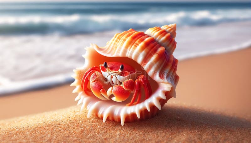 Tiny Crab Inside a Shell on the Beach Stock Illustration - Illustration ...