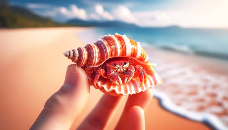 Tiny Crab Inside a Shell on the Beach Stock Illustration - Illustration ...