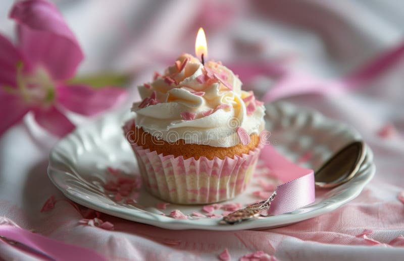 Tiny Cupcake with Candle and Pink Ribbon Stock Illustration ...