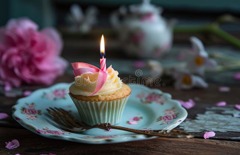 Tiny Cupcake with Candle and Pink Ribbon Stock Illustration ...