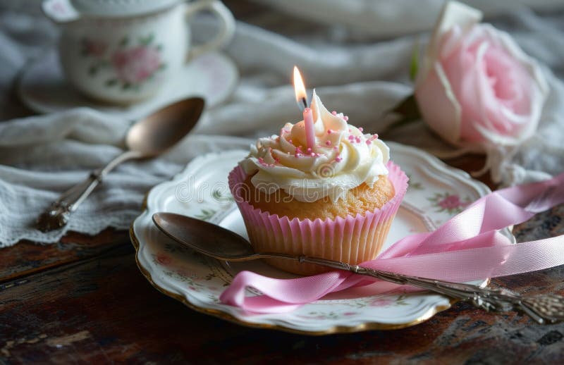 Tiny Cupcake with Candle and Pink Ribbon Stock Illustration ...