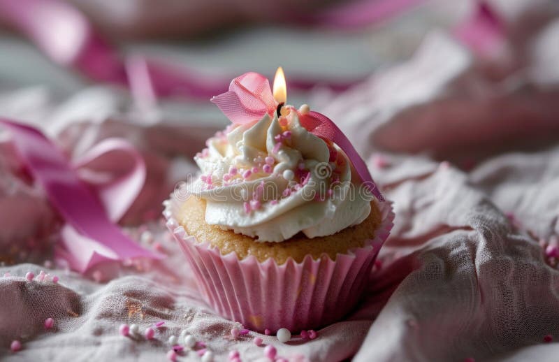 Tiny Cupcake with Candle and Pink Ribbon Stock Illustration ...