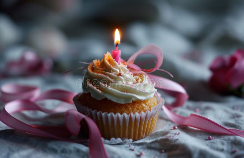 Tiny Cupcake with Candle and Pink Ribbon Stock Illustration ...