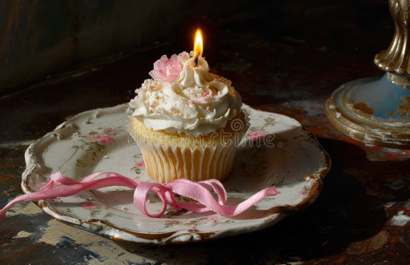 Tiny Cupcake with Candle and Pink Ribbon Stock Illustration ...
