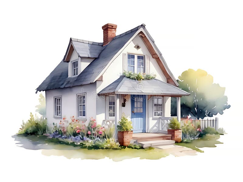 Tiny Cute Cottage in Modern Style, Watercolor Illustration. Generative ...