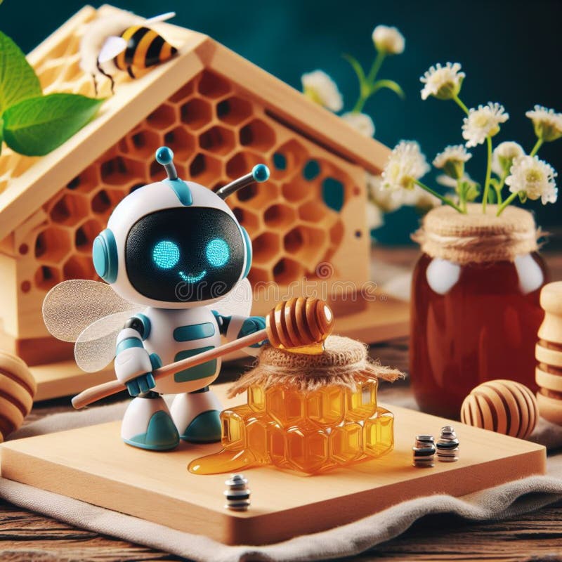 Tiny Cute Robot Collecting Honey in Bee Hive Stock Image - Image of ...