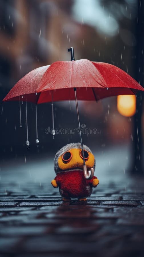 A Tiny Cute Unknown Creature Holding an Umbrella in the Rain. AI ...
