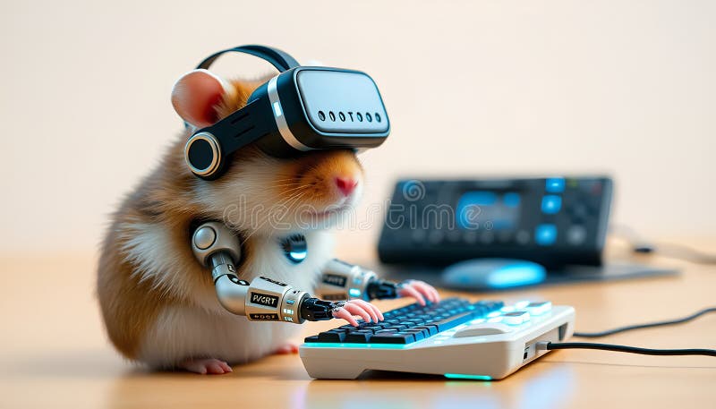 A Tiny Cybernetic Hamster with Glowing Mechanical Limbs, Typing on a ...