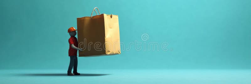 Humorous Tiny Delivery Worker Carrying Oversized Grocery Bag in Fun and ...