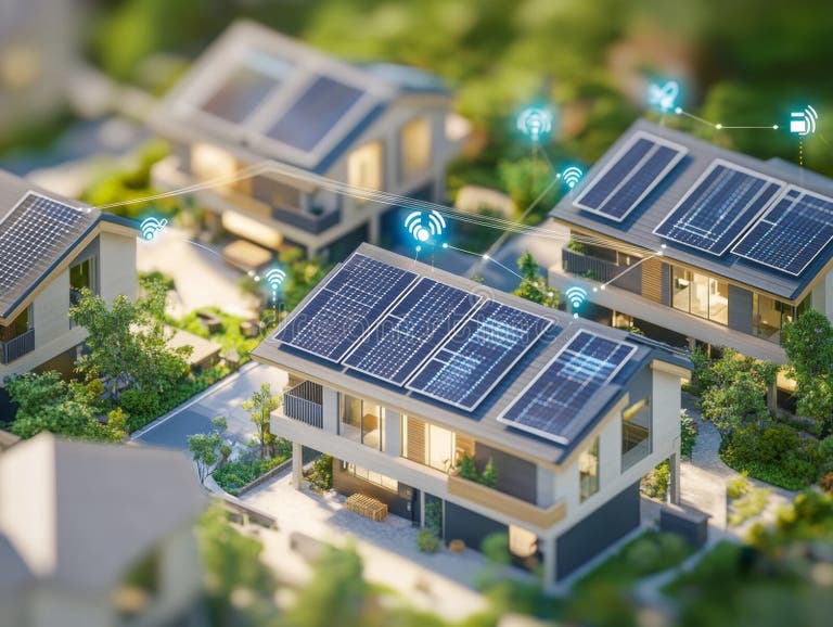 Tiny District with Smart Meters and Personal Energy Use Tips Stock ...