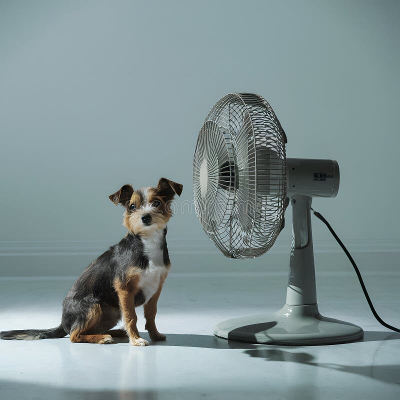 A Tiny Dog by a Fan in Minimalist Setting Stock Illustration ...