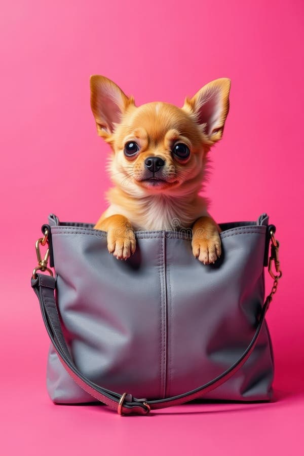Tiny Dog Peeking from Stylish Purse, Pink Backdrop, Cute, Adorable ...