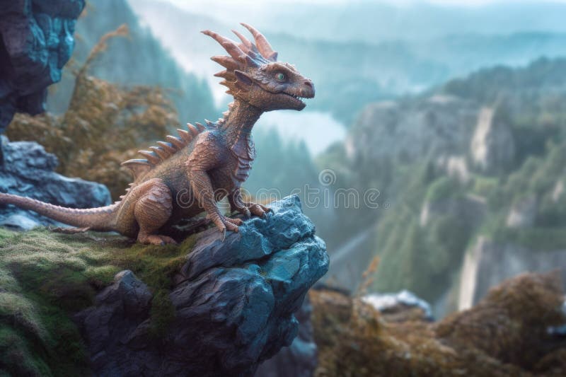 Tiny Dragon Perched on a Rock, Overlooking a Valley Stock Illustration ...