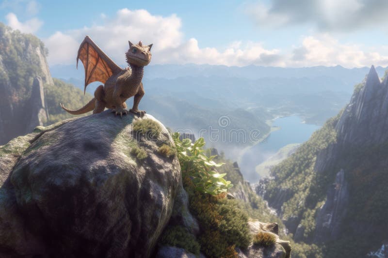 Tiny Dragon Perched on a Rock, Overlooking a Valley Stock Illustration ...