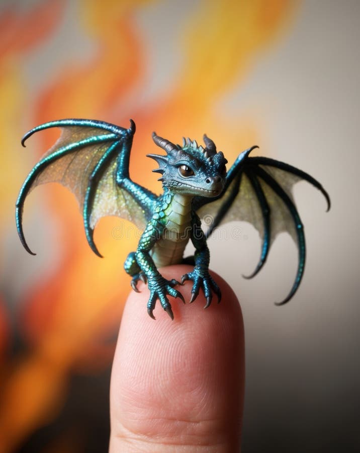 Tiny Dragon Sitting on a Finger with Fire Background. Stock Photo - Image of serpent, generated ...