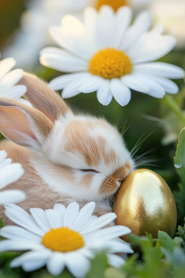 A Tiny Easter Bunny Curled Up Inside a Daisy, Peacefully Sleeping with ...