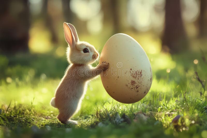 A Tiny Easter Bunny Holding a Massive Easter Egg, Struggling To Balance it As it Wobbles ...