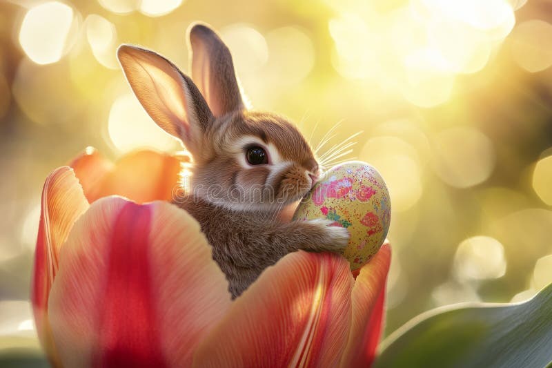 A Tiny Easter Bunny Resting Inside a Giant Tulip, Playfully Rolling a ...