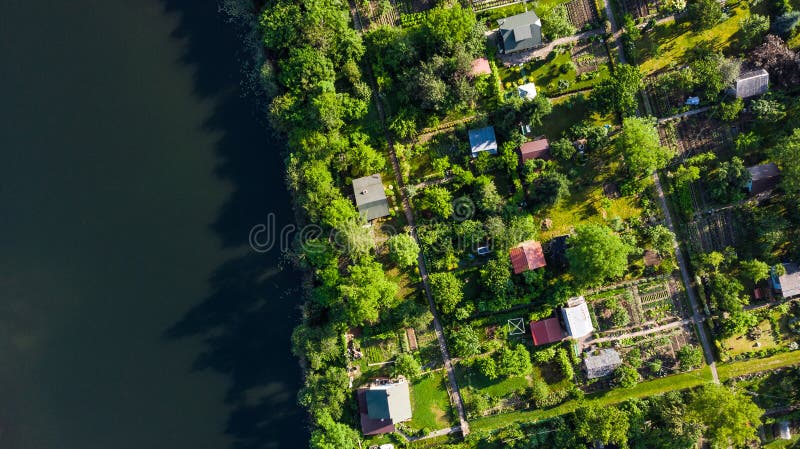 Tiny Ecological Friendly City Plot Gardens on Lake Edge, Aerial Top ...