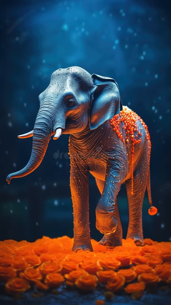 A Tiny Elephant Balancing on the Tip of a Bright Orange Flower Stock ...
