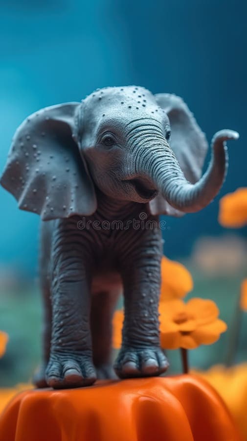 A Tiny Elephant Balancing on the Tip of a Bright Orange Flower Stock ...