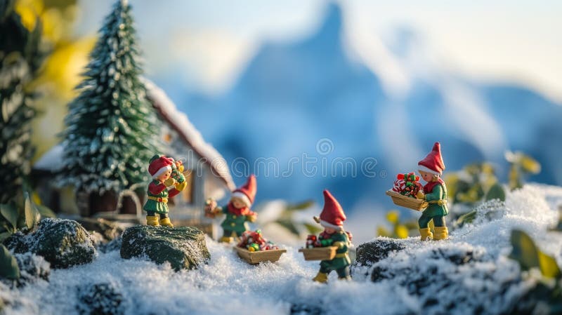 Tiny Elves Working in a Snowy Mountain Landscape Stock Illustration - Illustration of christmas ...