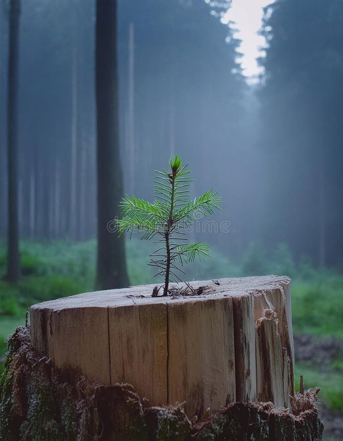 A Tiny Evergreen Sapling Grows from a Moss-covered Tree Stump in a ...