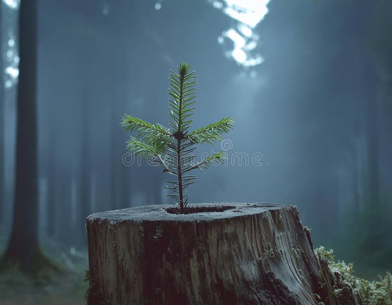 A Tiny Evergreen Sapling Grows from a Moss-covered Tree Stump in a ...