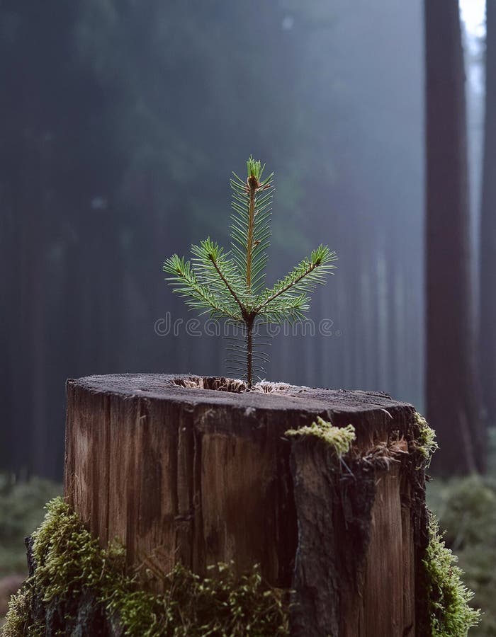 A Tiny Evergreen Sapling Grows from a Moss-covered Tree Stump in a ...