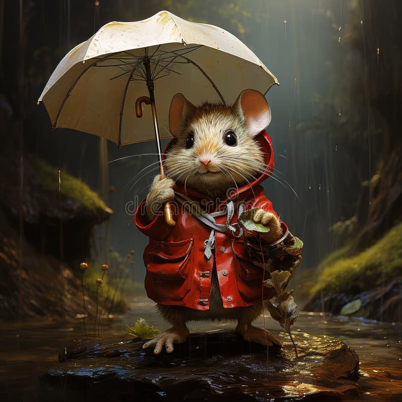 Tiny Explorer: Adorable Mouse with Umbrella on Rainy Day in Enchanted ...