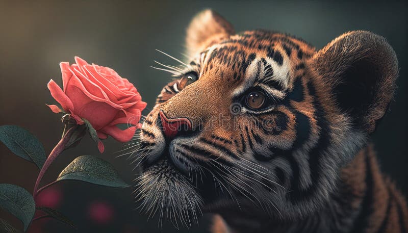 Tiny Explorer, Close-Up of a Baby Tiger Curiously Smelling a Flower ...