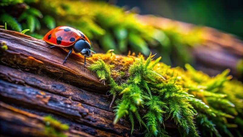 A Tiny Explorer Detailed Ladybug on MossCovered Log in a Lush Forest ...