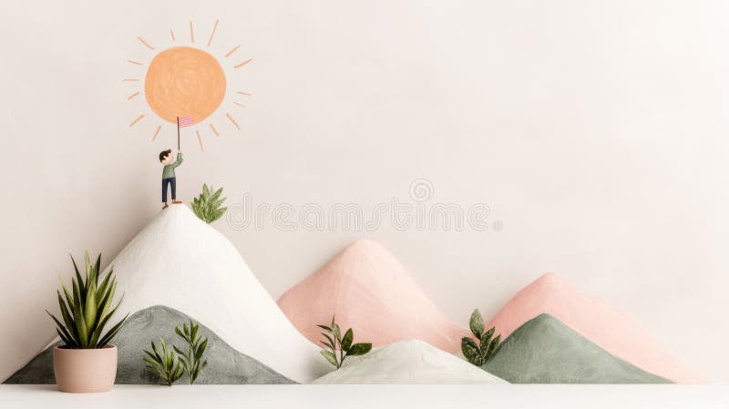 Tiny Explorer Holding Sun Over Minimalist Pastel Mountain Landscape ...