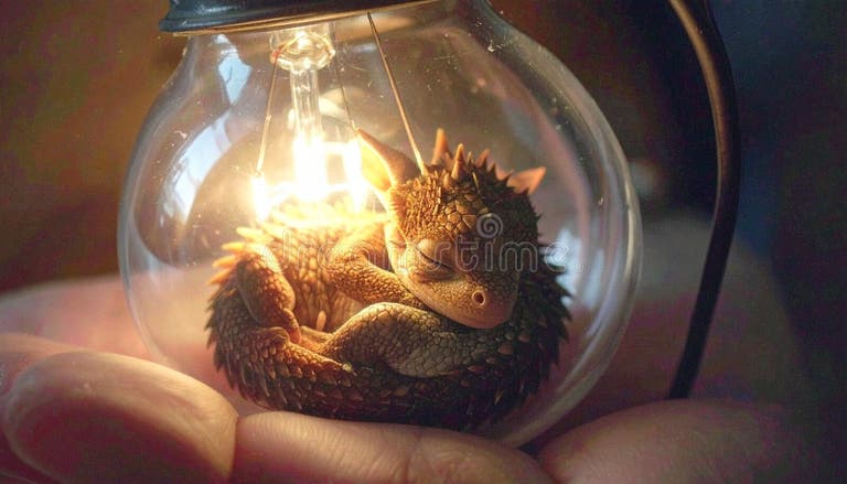 Tiny Fantasy Dragon Creature Resting Inside Illuminated Light Bulb Held ...