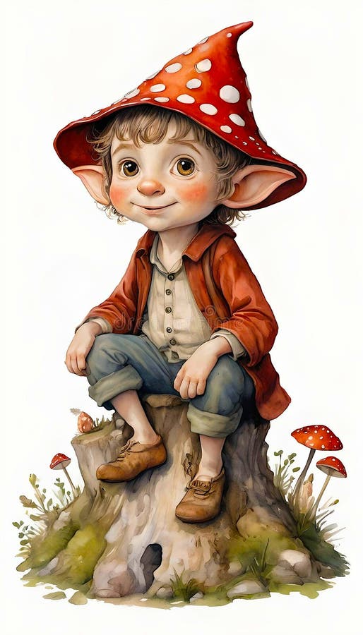 Tiny Fantasy Elf Sat on a Tree Stump Wearing a Toadstool Hat Taking a ...