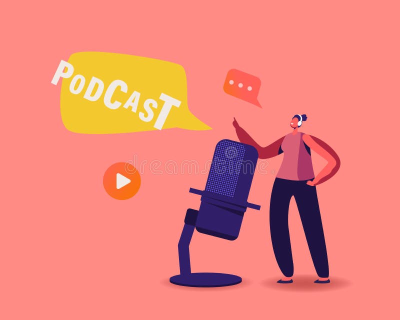 Tiny Female Character in Headset Speaking at Huge Microphone Conducting ...