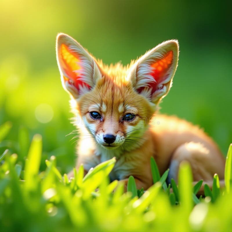Tiny Fennec Fox Kit Naps in Sun Drenched Grass, Large Ears Folded ...